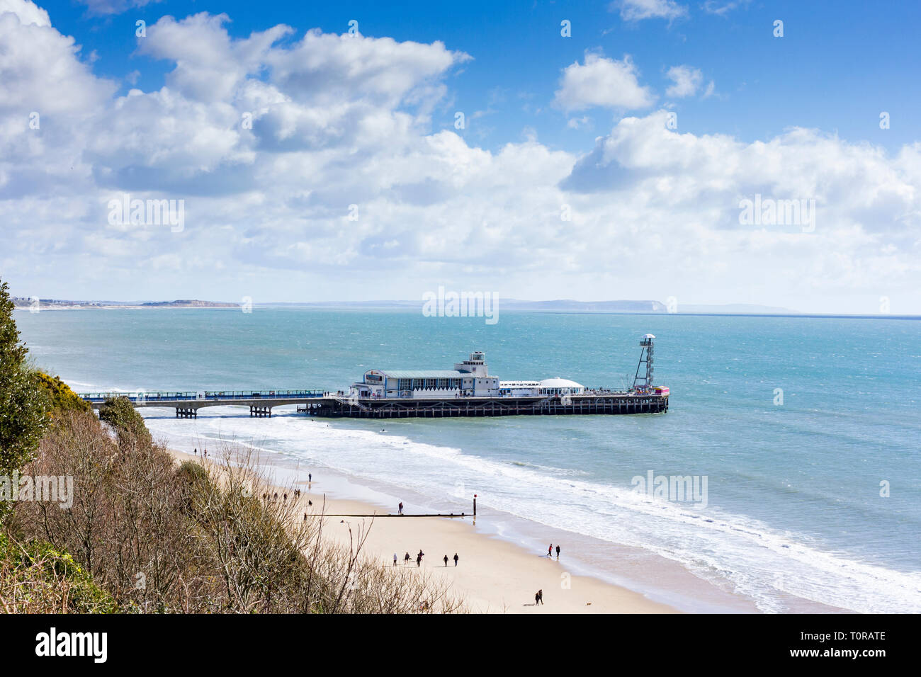 View of Bournemouth pier from the clifftop on a bright morning in March ...