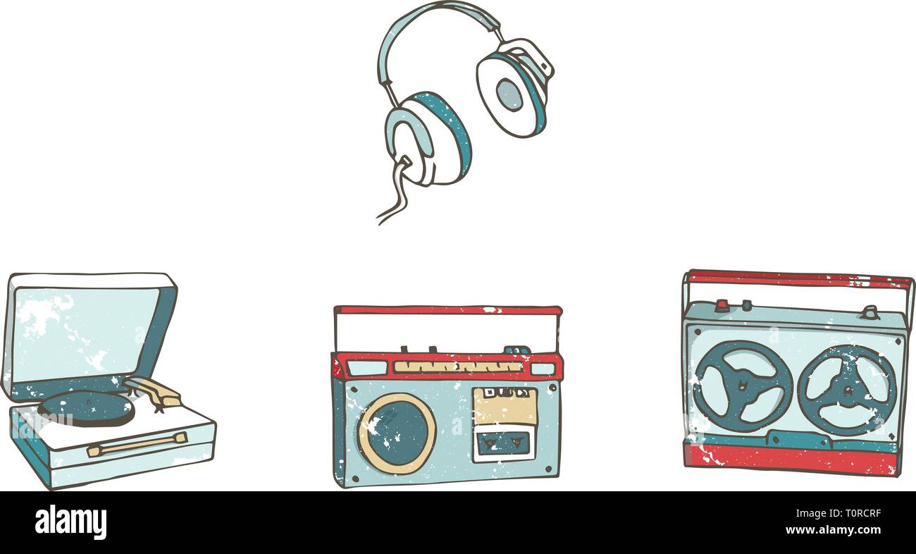 Vintage audio players. Music record. Cartoon in retro style with grunge ...