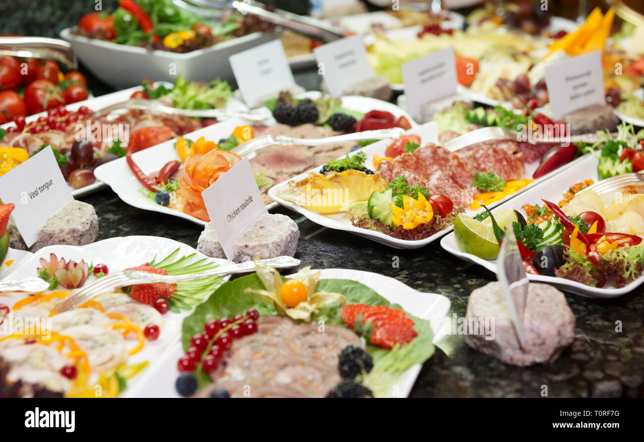 Meat, fish and another products in expensive hotel restaurant Stock ...