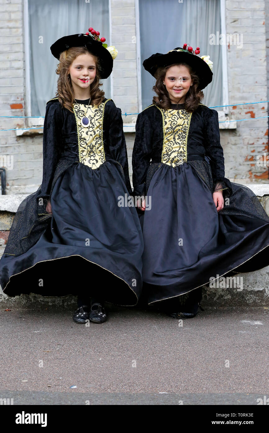 Orthodox Jewish girls are seen wearing fancy dresses during the ...