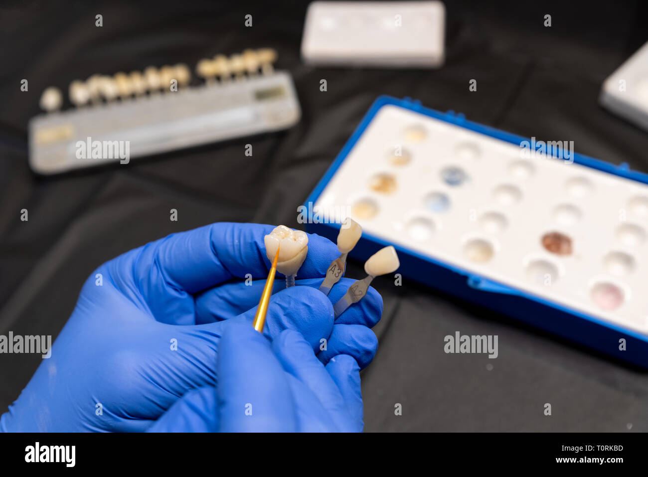 Dentist is painting a tooth crown in dental laboratory Stock Photo - Alamy