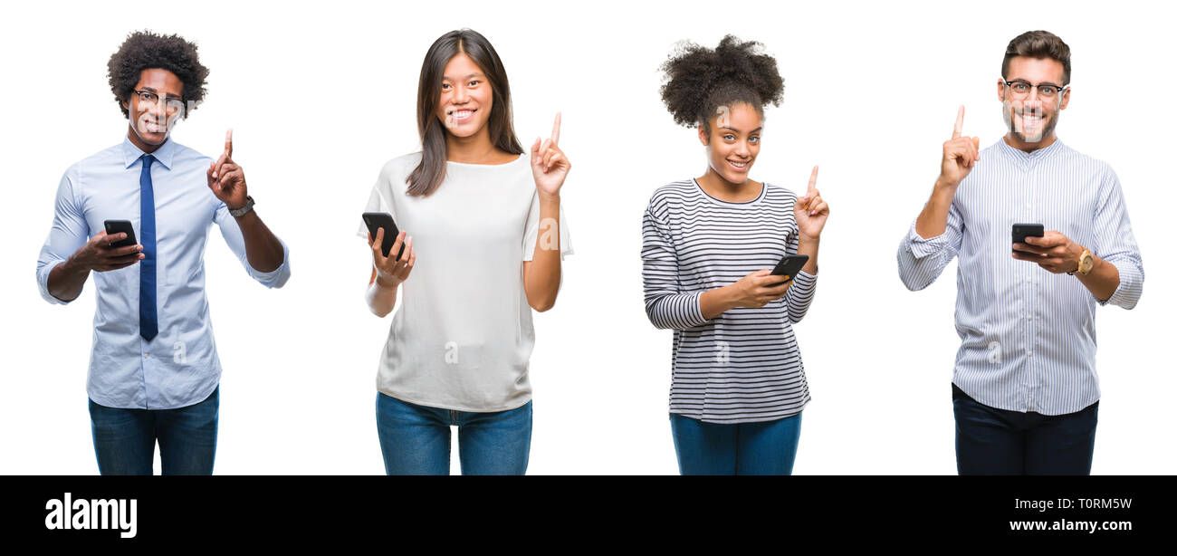 Collage of people texting sending message using smartphone over ...