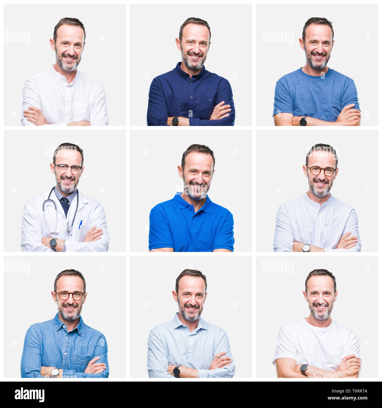 Collage of senior hoary elegant man over white isolated background ...