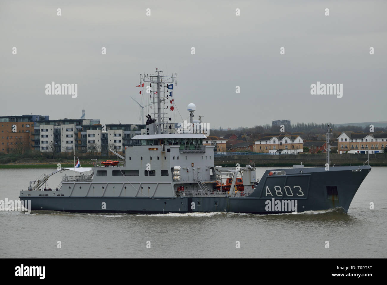 Royal Netherlands Navy hydrographic survey vessel HNLMS Luymes heads up ...