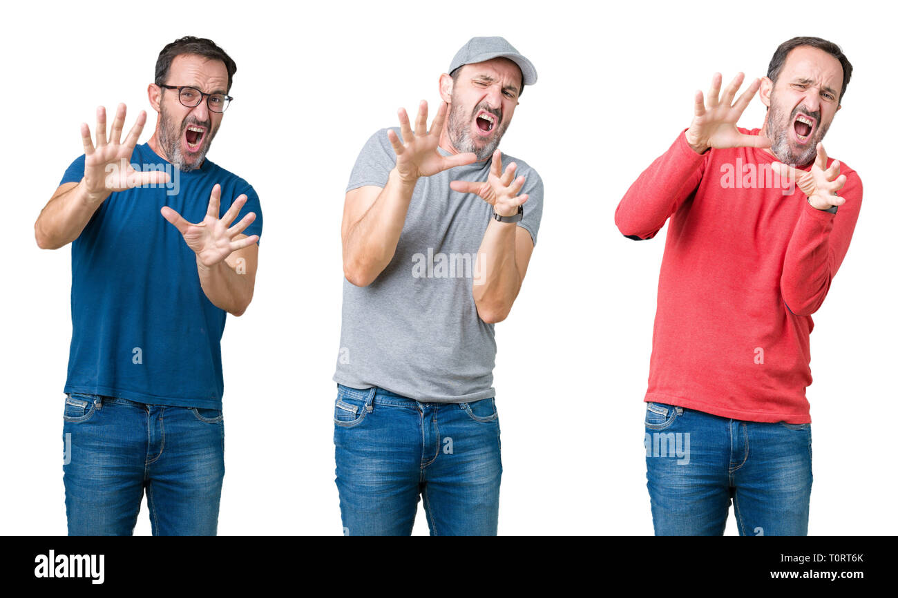 Collage of handsome senior man over white isolated background afraid ...