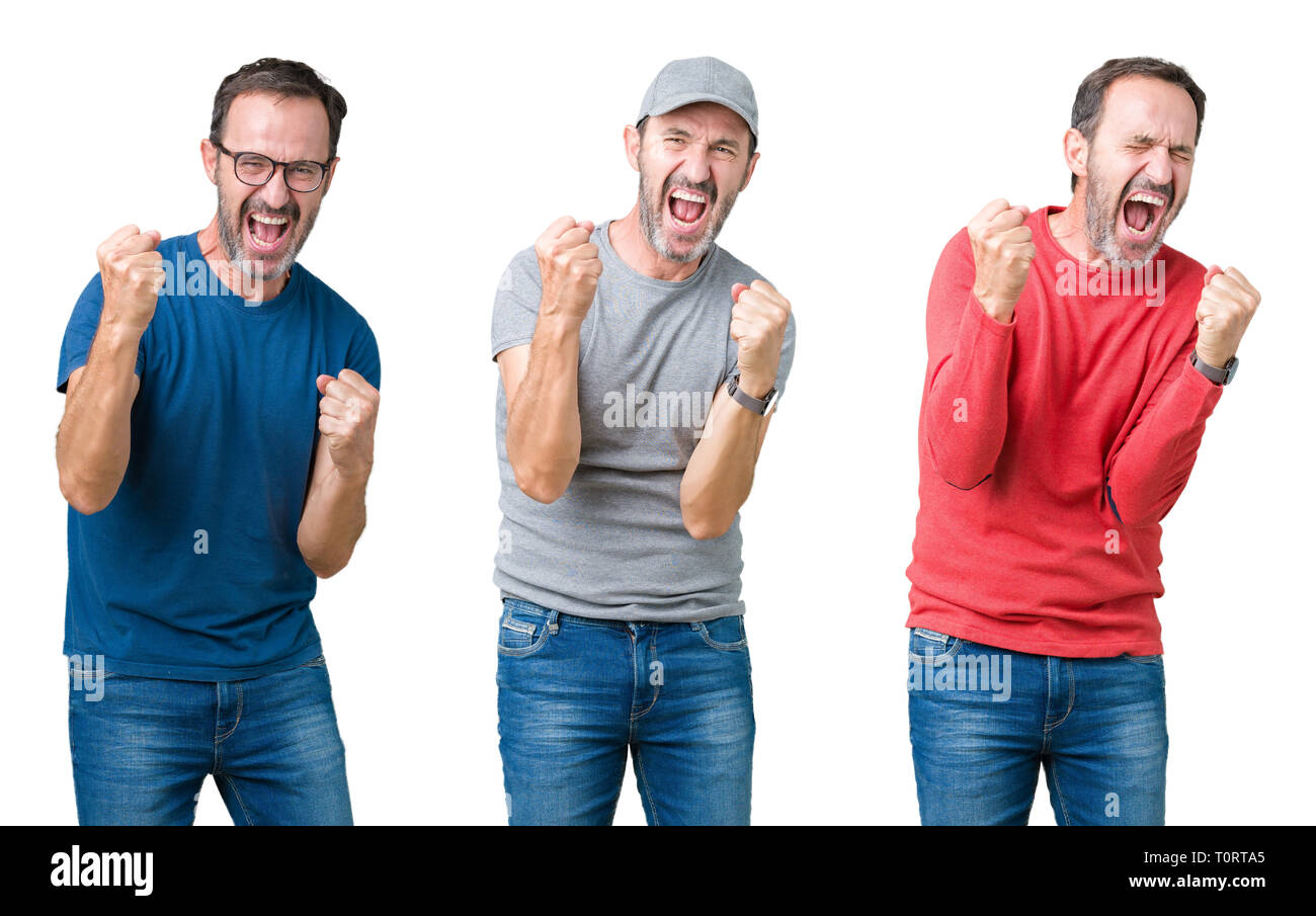 Collage of handsome senior man over white isolated background very ...