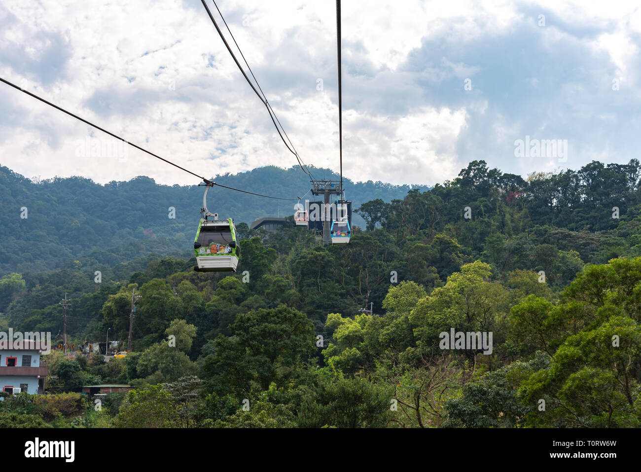 Maokong gondola with mountain around. A gondola lift transportation ...