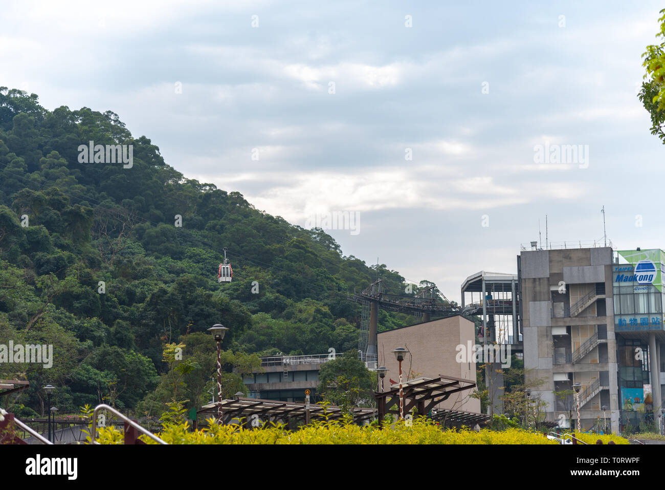 Maokong gondola with mountain around. A gondola lift transportation ...