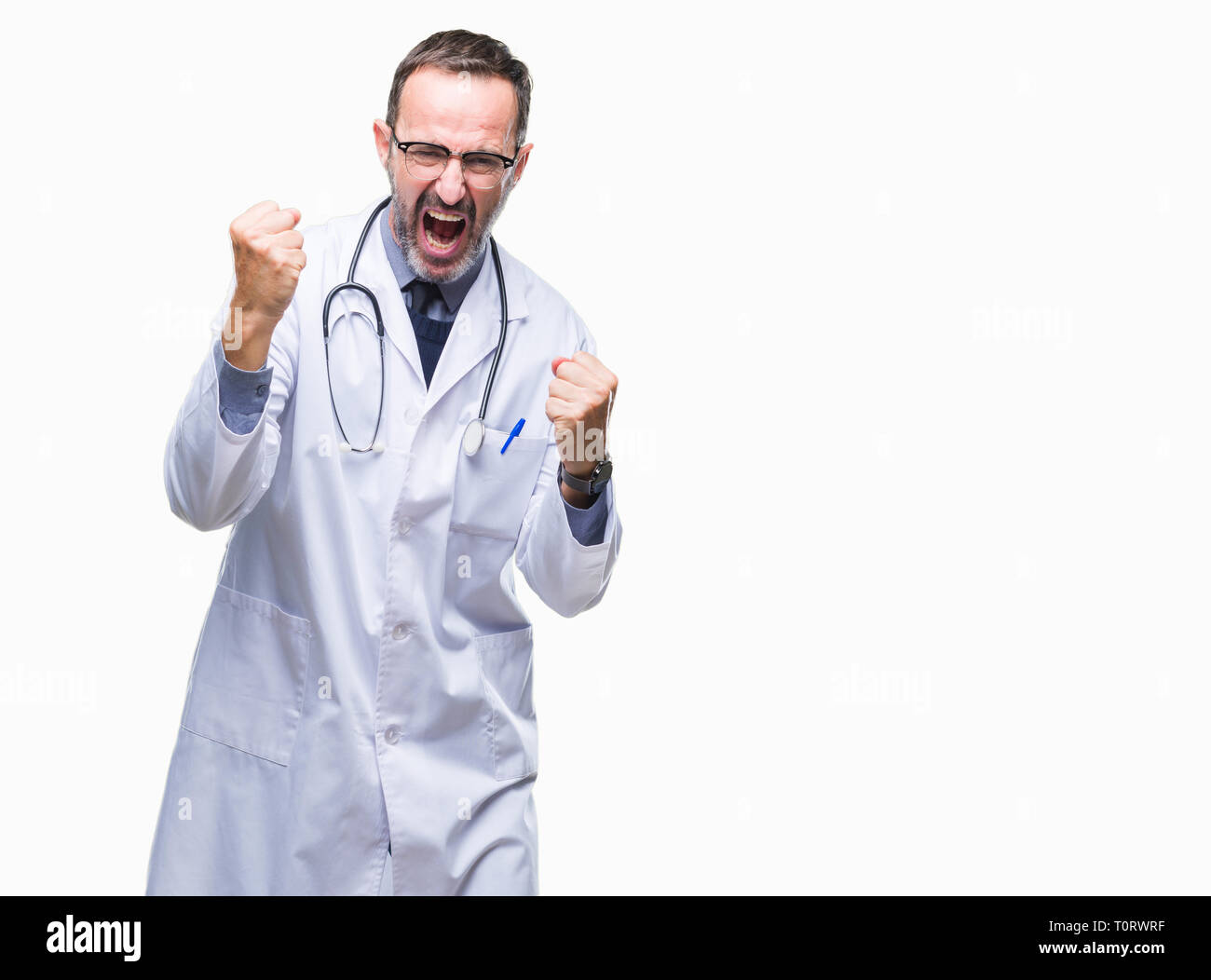 Middle age senior hoary doctor man wearing medical uniform isolated ...