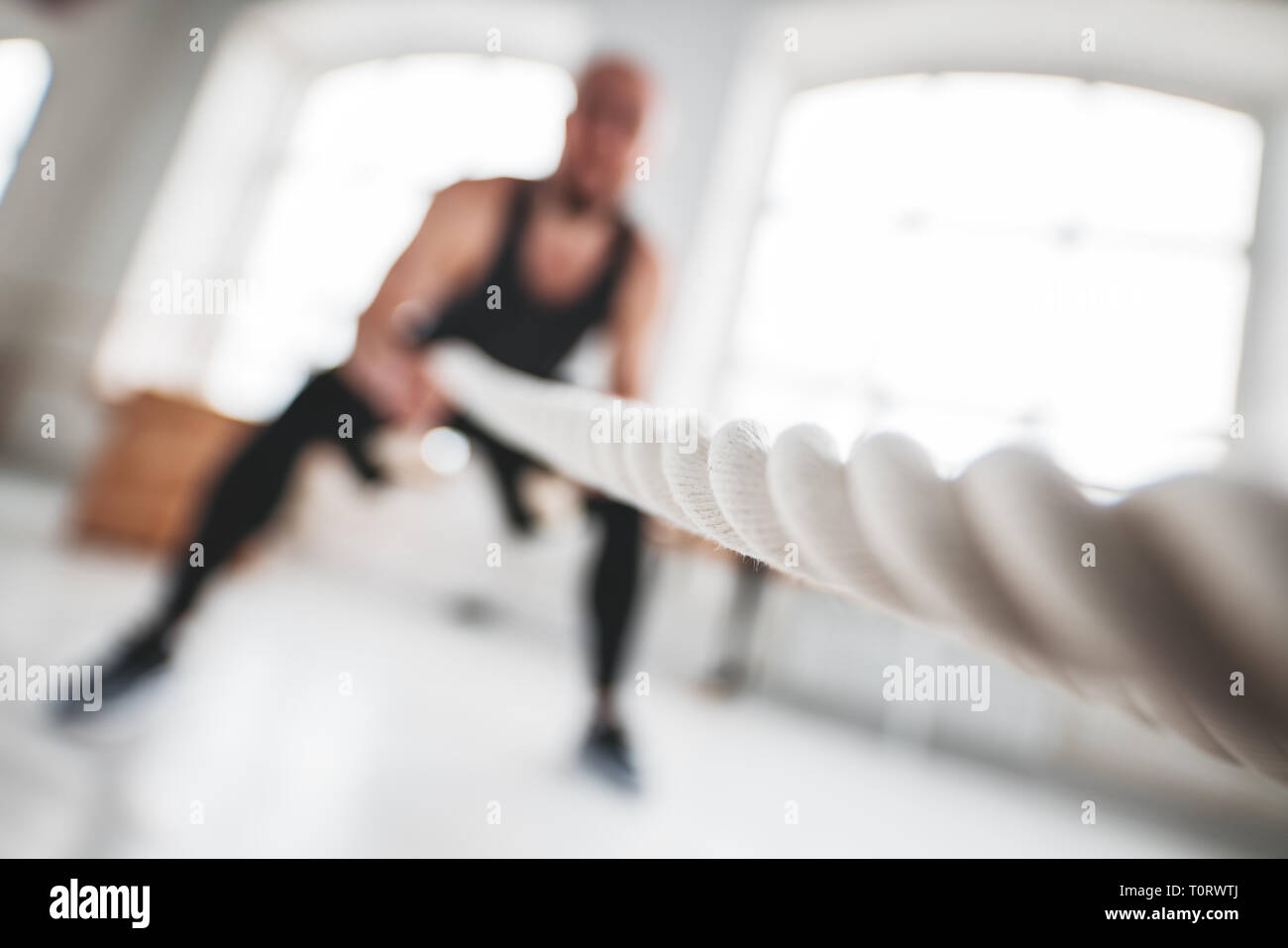 Muscular male athlete doing exercises with battle rope at gym. Fitness ...