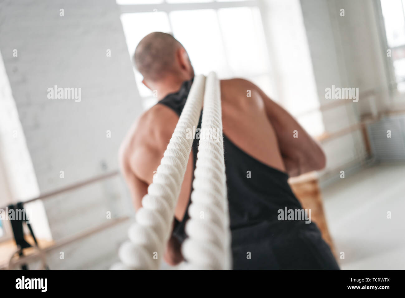 Back view of muscular male athlete doing exercises with battle rope at ...