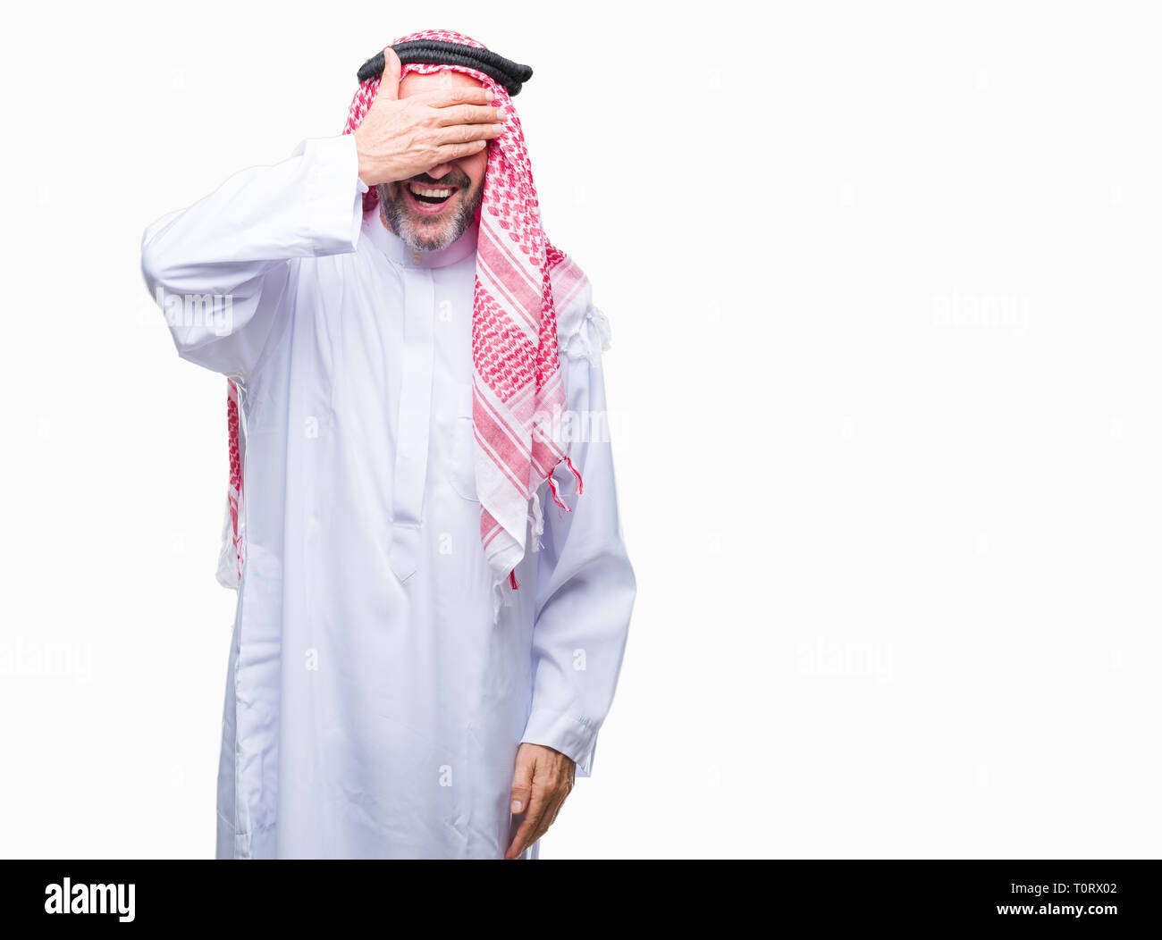 Senior arab man wearing keffiyeh over isolated background smiling and ...