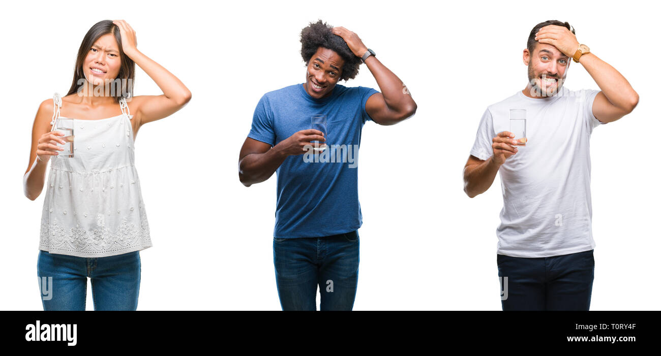 Collage of people drinking glass of water over isolated background ...
