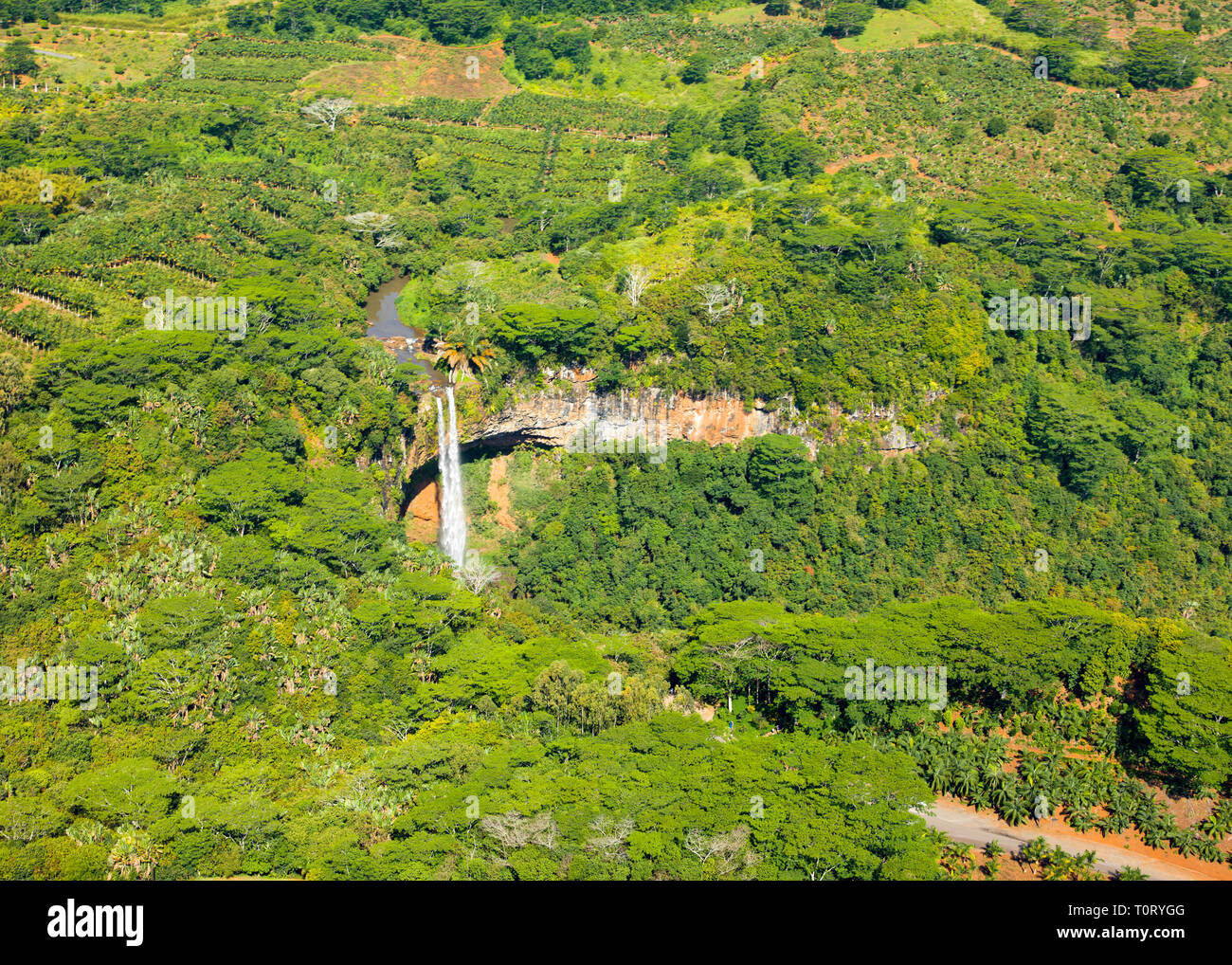 Aerial view of famous Chamarel Waterfall in the tropical island of ...