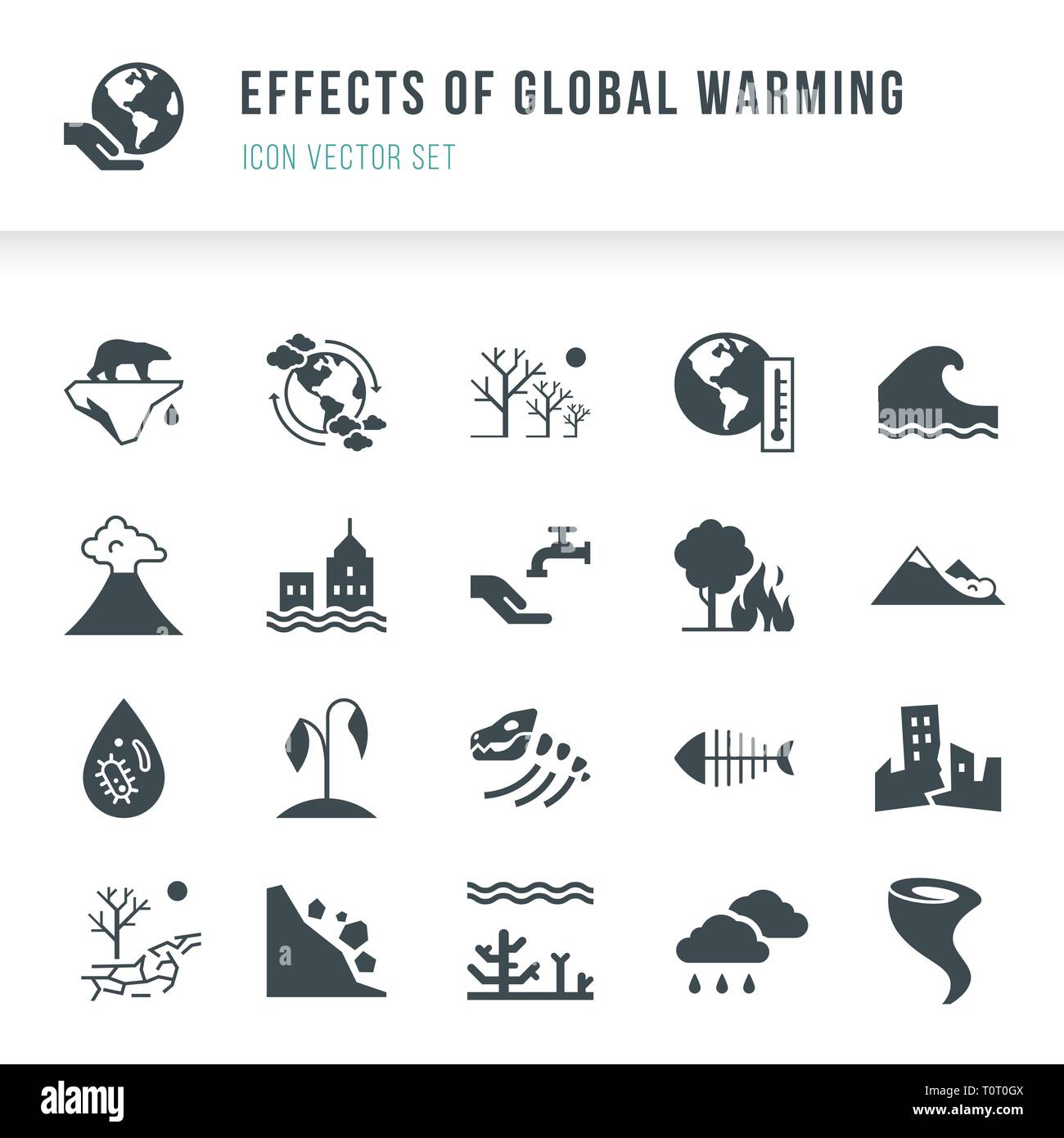 Set of global warming icons. Natural disasters caused by climate change ...