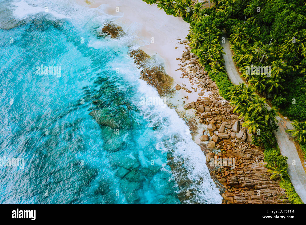 Seychelles Mahe island aerial drone landscape of coastline paradise ...