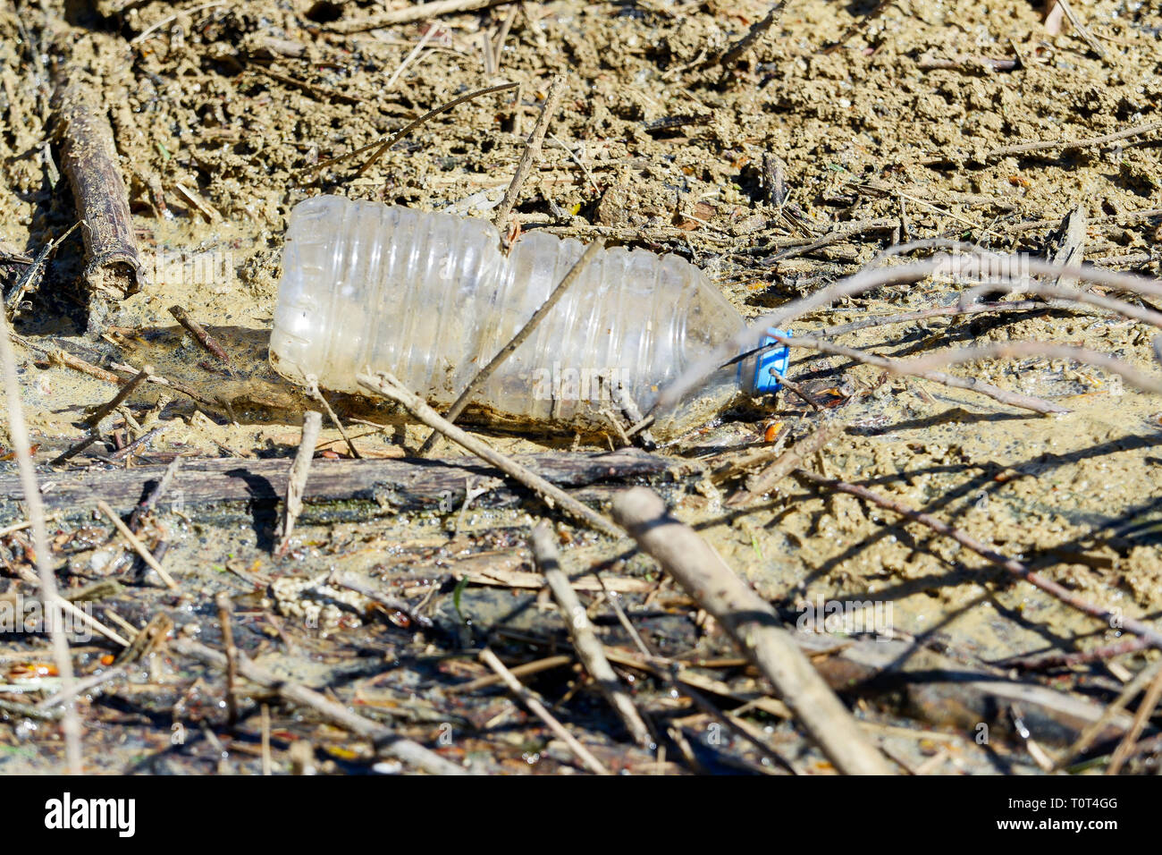Plastic bottle floating on river Saone waters, Fontaine-sur Saone ...