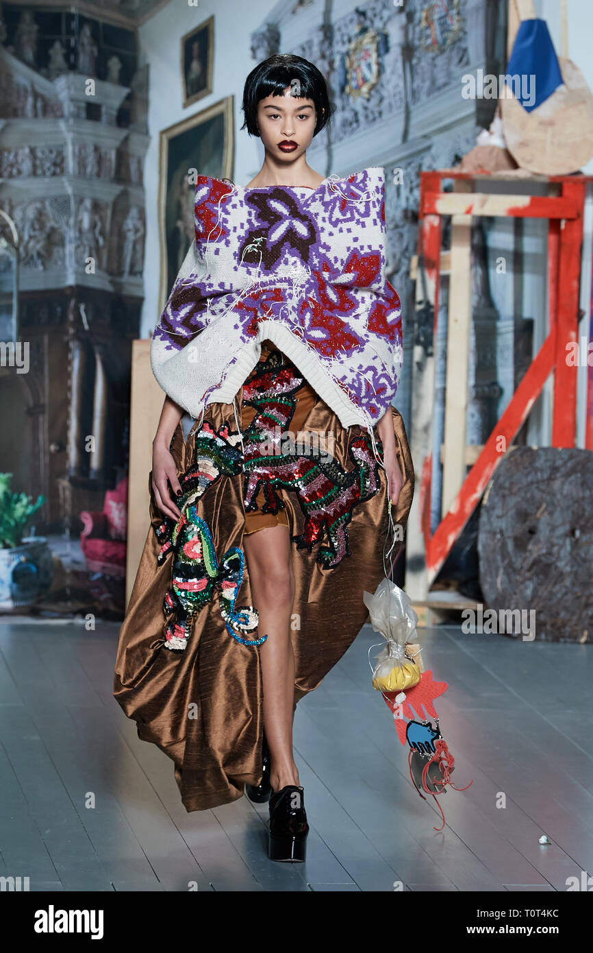 Model on the catwalk during the Matty Bovan show during LFW AW19 held ...