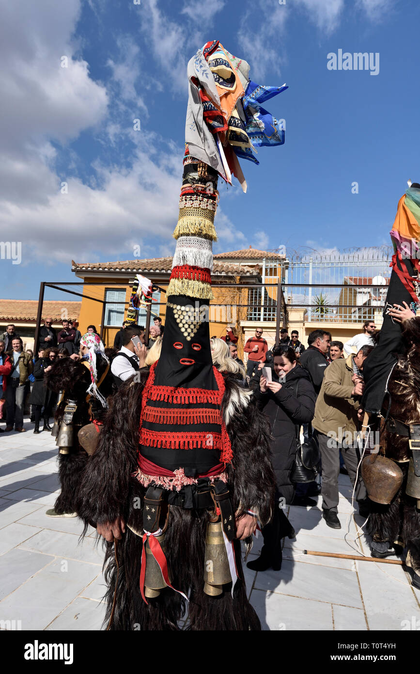 Man from Northern Greece wearing traditional costume with bells, poses ...
