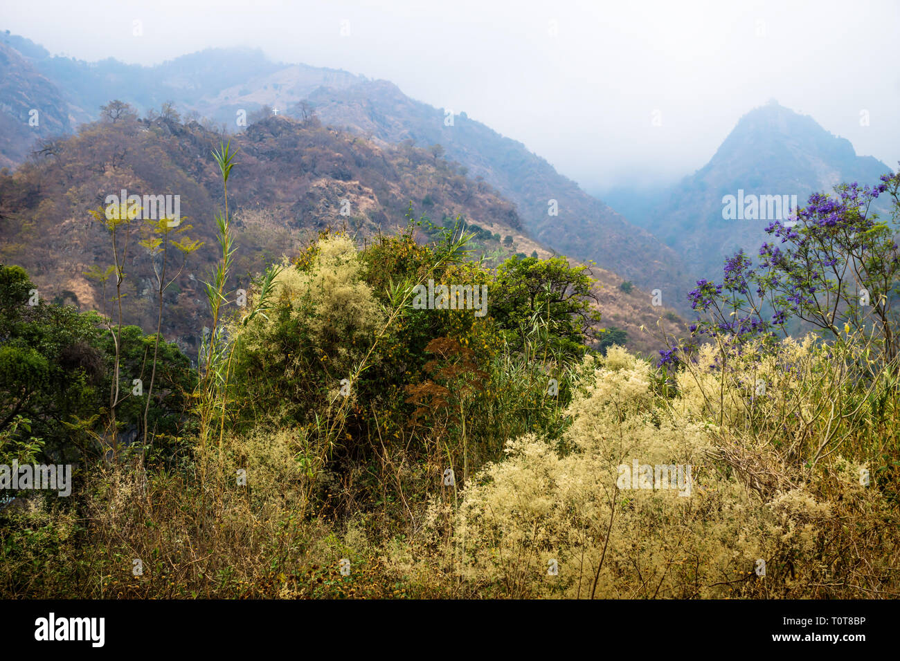 Valley of the village Jaibalito along lake Atitlan with misty volcanic ...