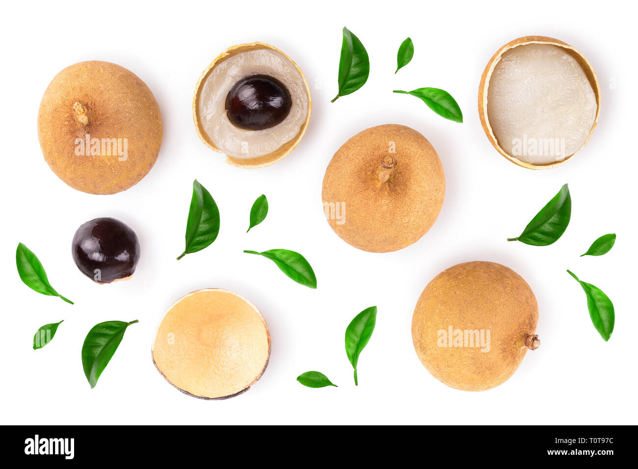 Fresh longan fruit with leaves isolated on white background. Top view ...
