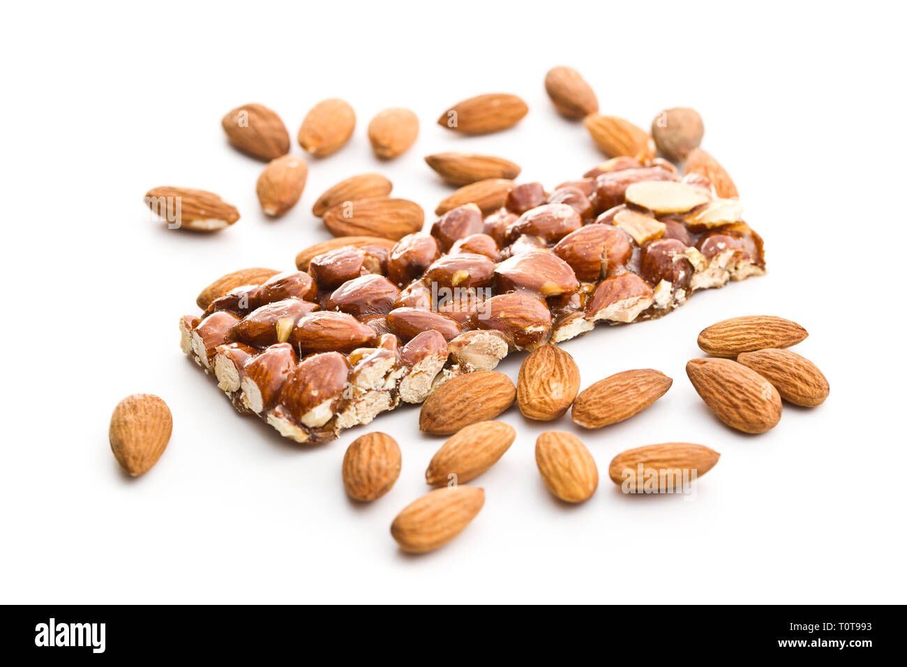 Sweet nut bar with honey and almonds isolated on white background Stock ...