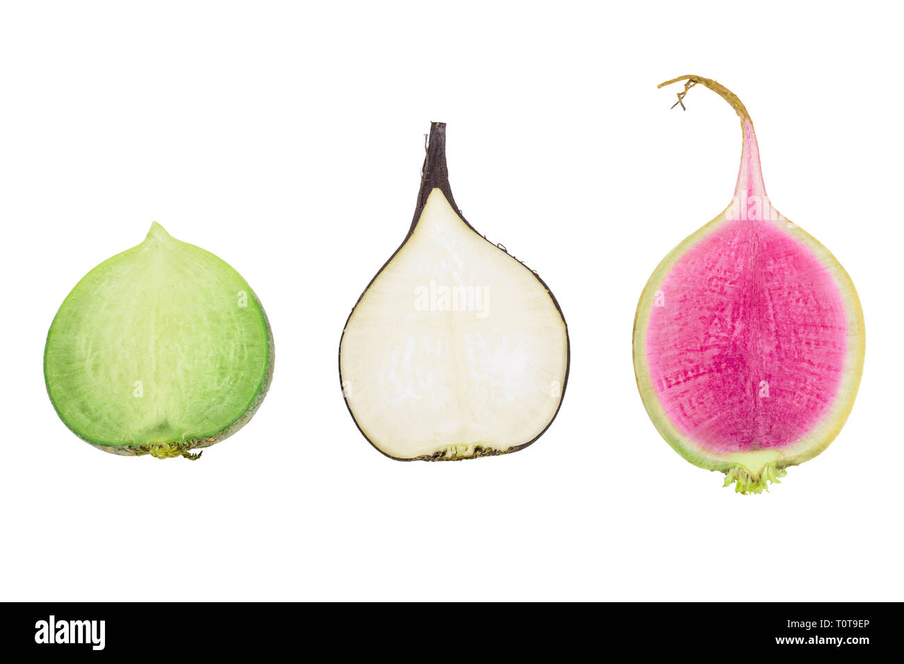 Black red and green radish half isolated on white background. Top view ...