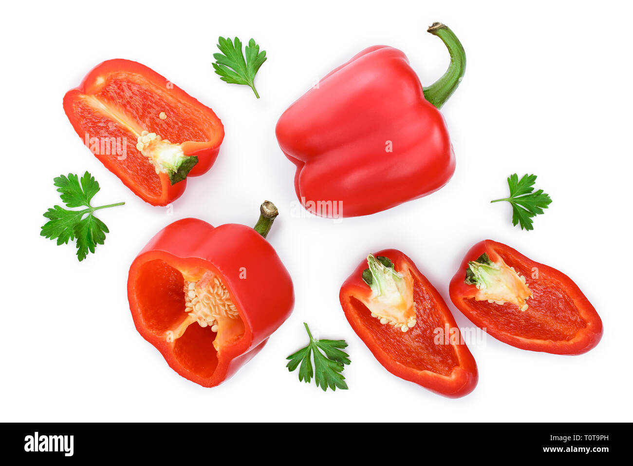 red sweet bell pepper isolated on white background. Top view. Flat lay ...