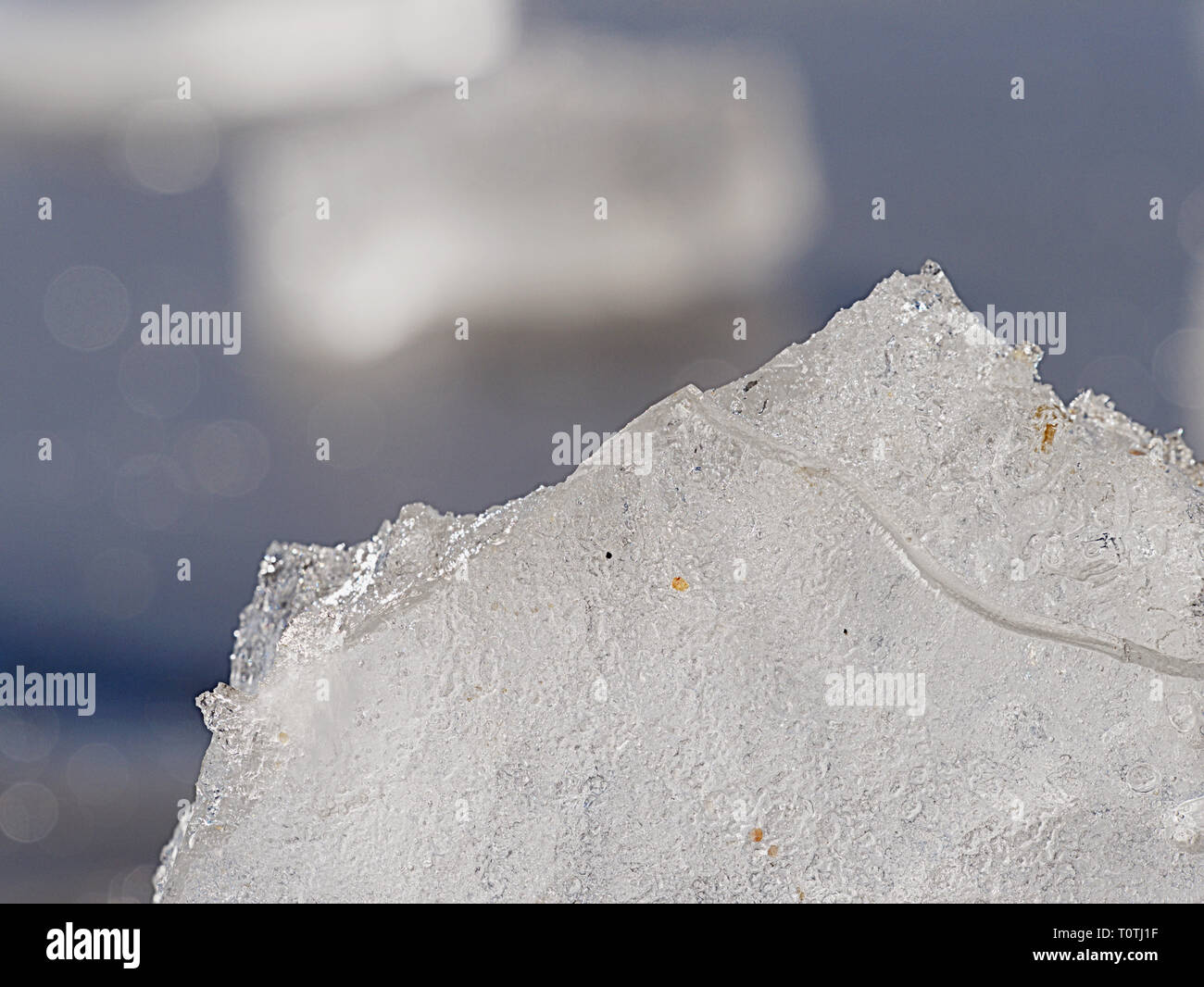 Ice floe at frozen lake surface with reflection. Bubbles frozen in thin ...