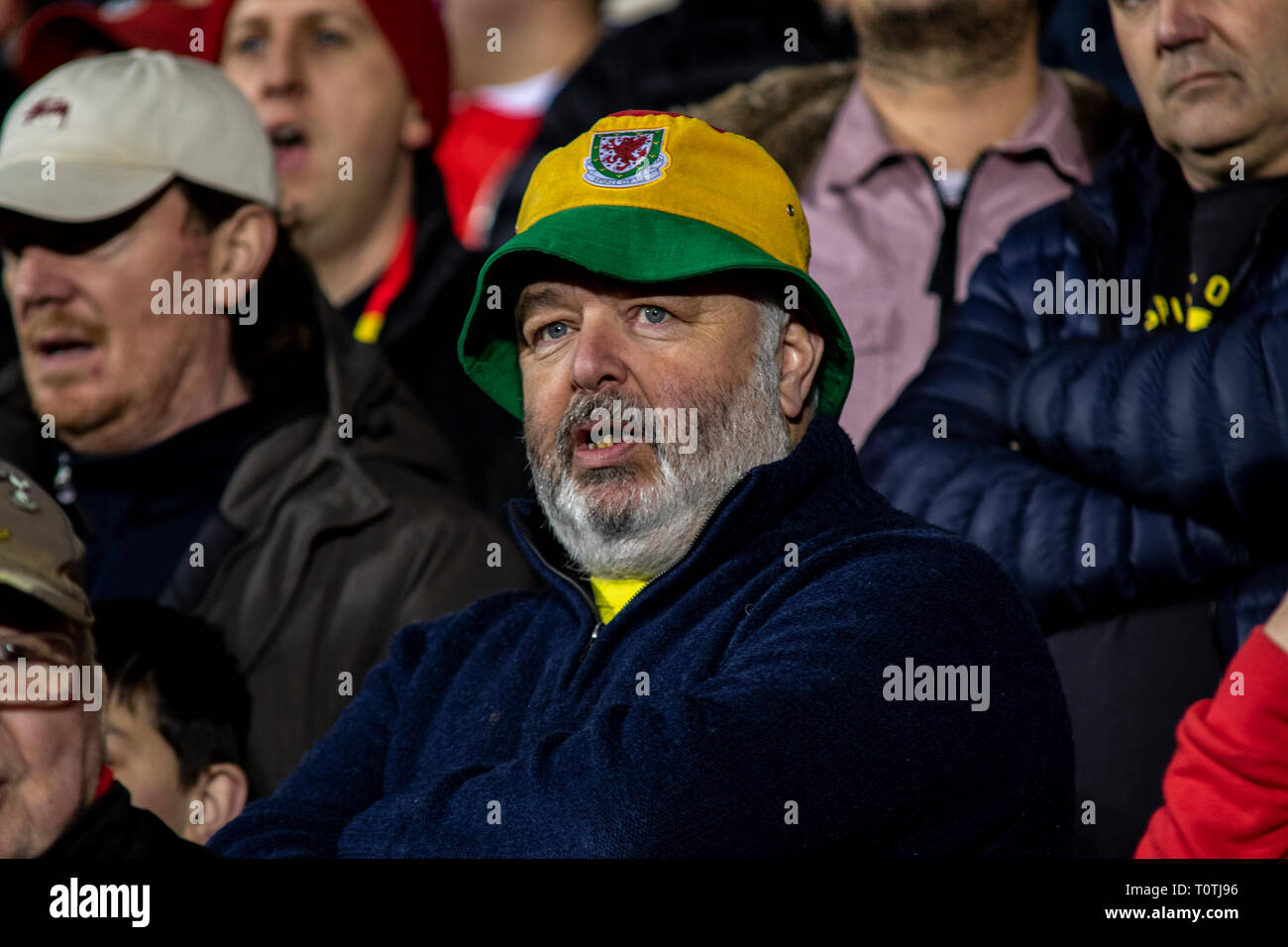 Welsh fans sing the national anthem. Wales v Trinidad & Tobego ...