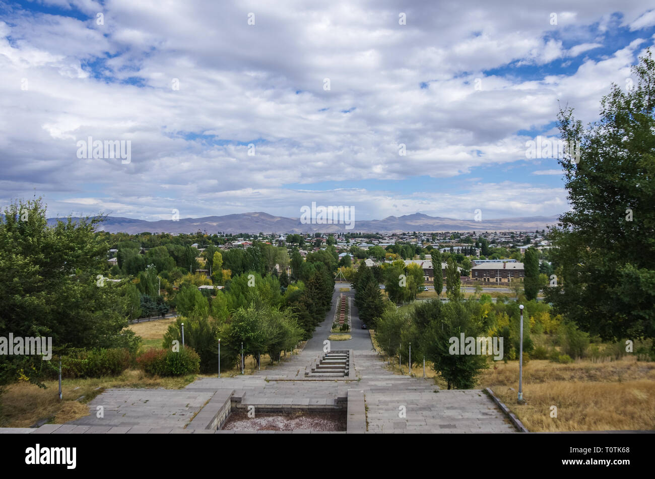 Panorama of Gyumri city from Mother Armenia statue in Memorial Victory ...