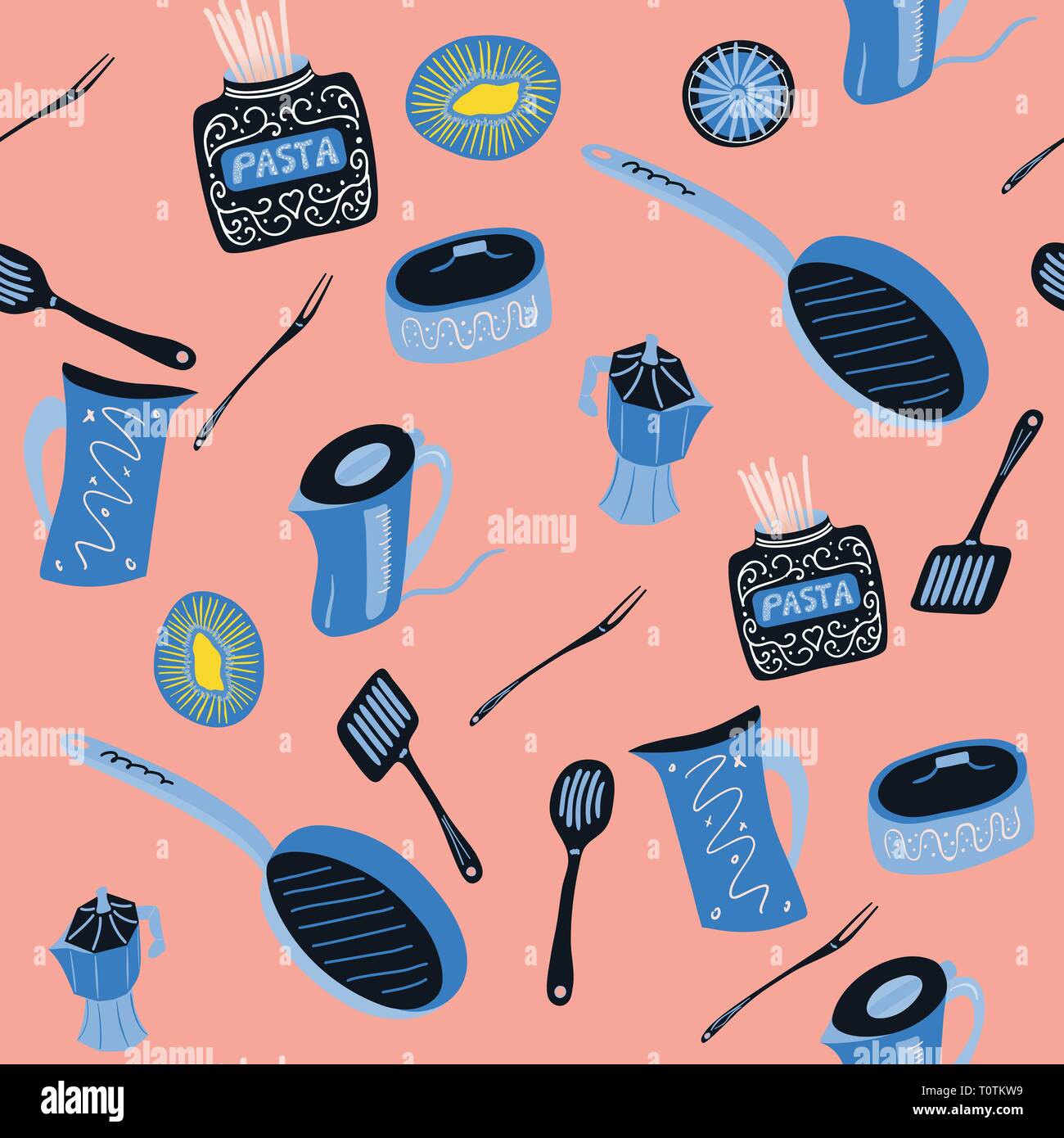 Colorful hand drawn cooking utensils and cutlery seamless pattern for ...
