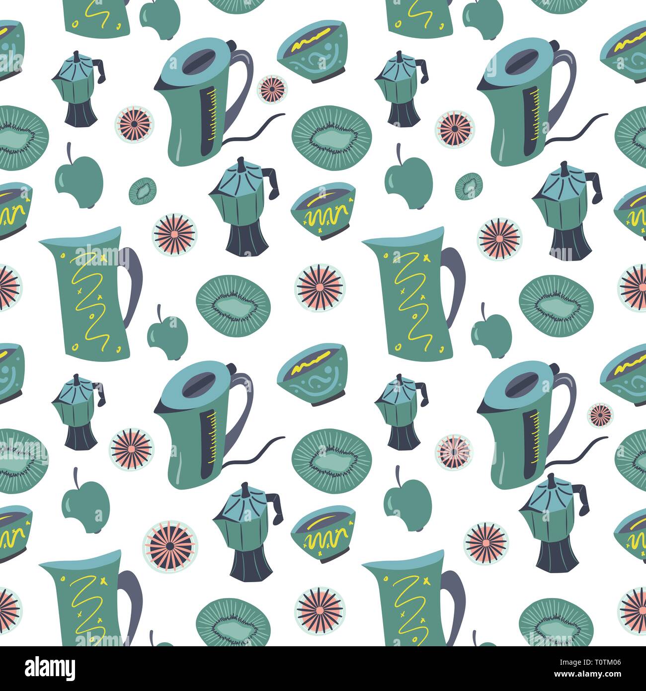 Seamless pattern of kitchen appliances and fruits illustration Stock ...