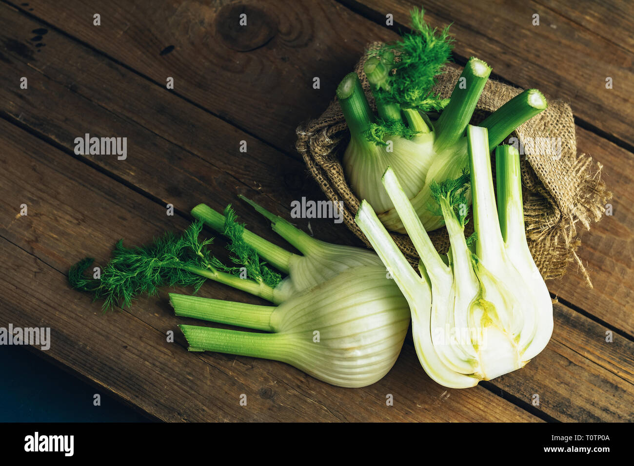 Fresh Florence fennel bulbs or Fennel bulb on wooden background ...