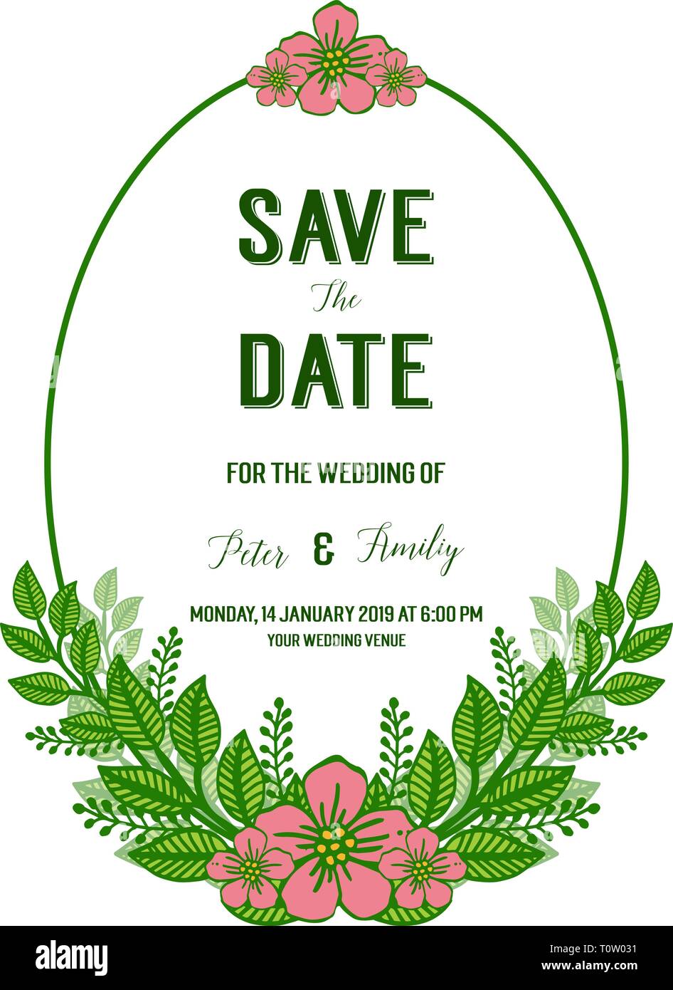 Vector illustration style green leafy flower frame for wedding date ...