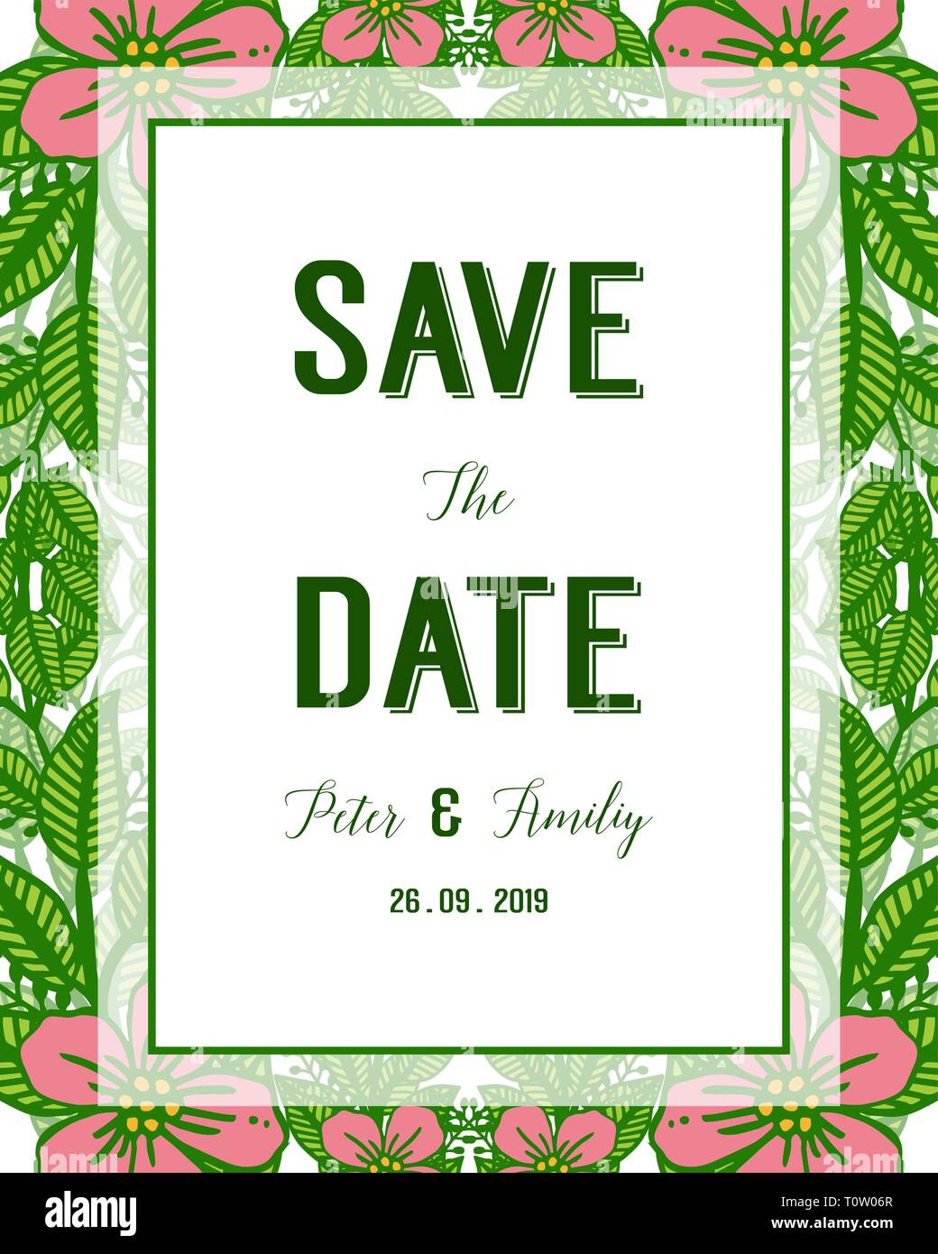 Vector illustration style green leafy flower frame for wedding date ...