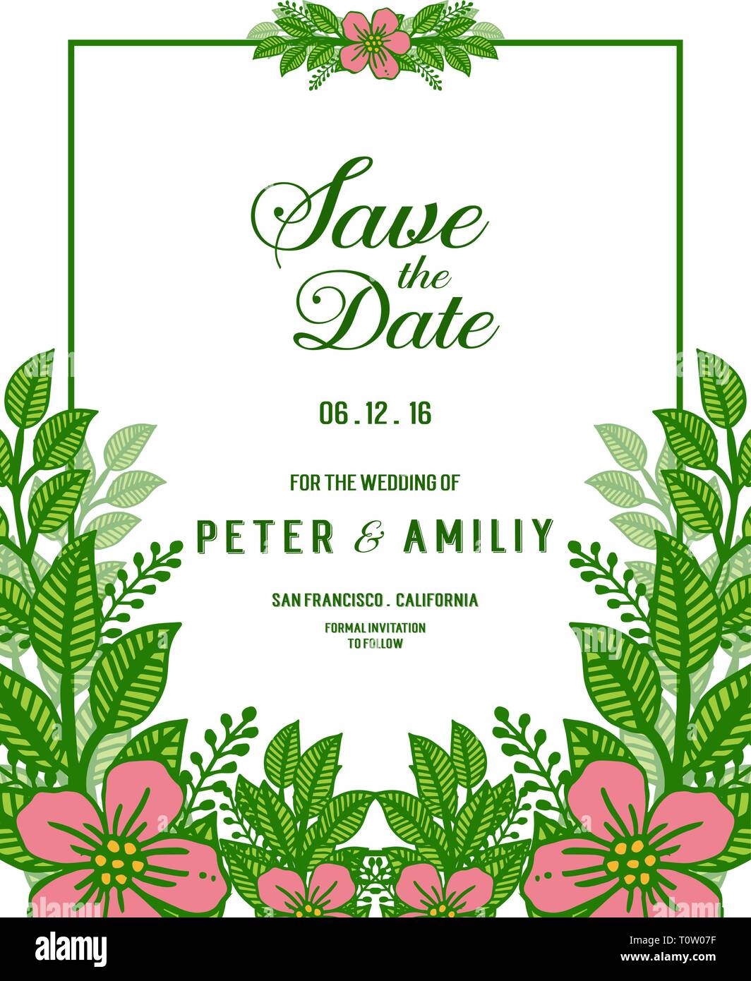 Vector illustration style green leafy flower frame for wedding date ...