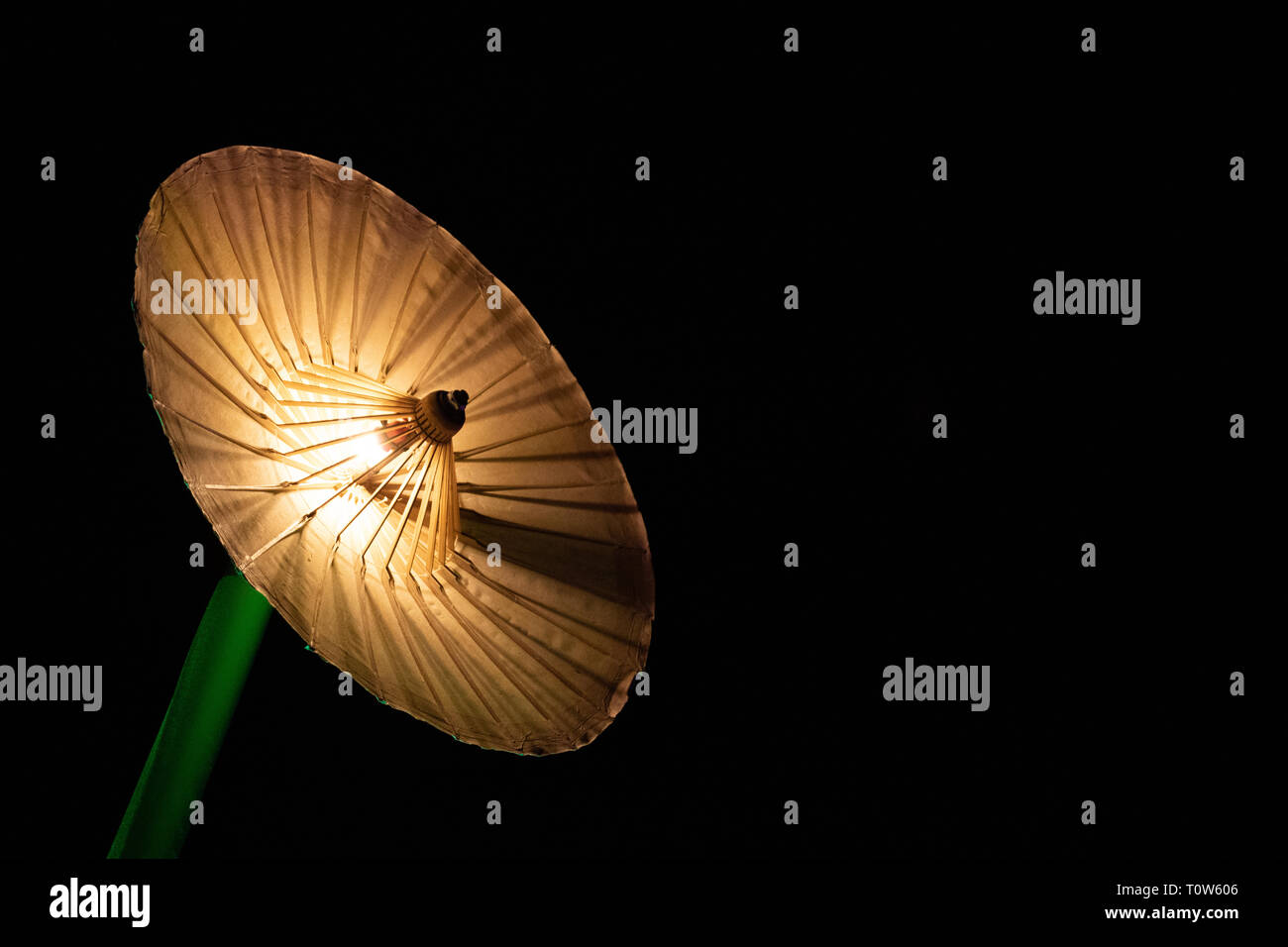 Orange flower light installation closeup on black background Stock ...