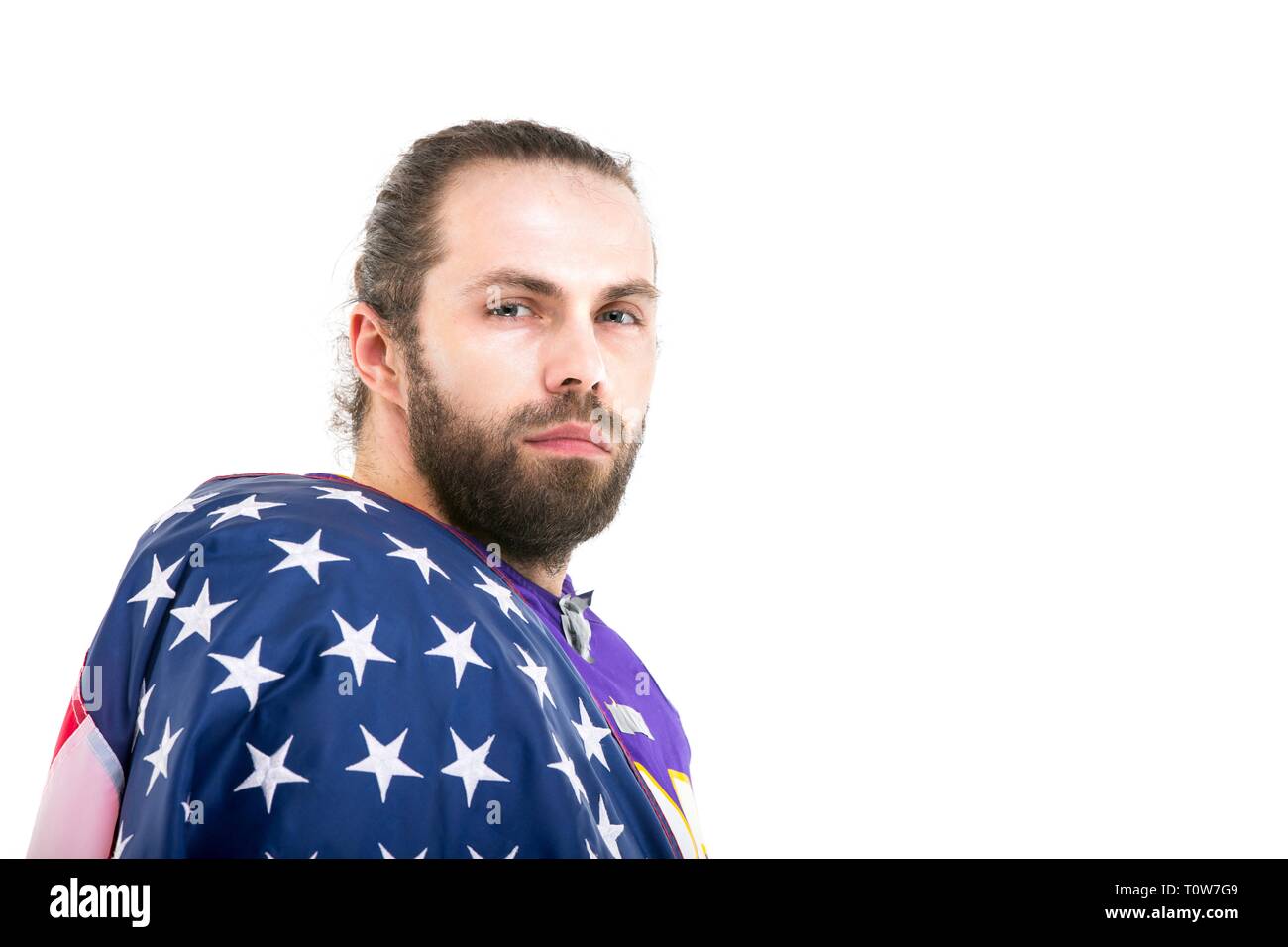 Bearded American football player with national flag, portrait Stock ...