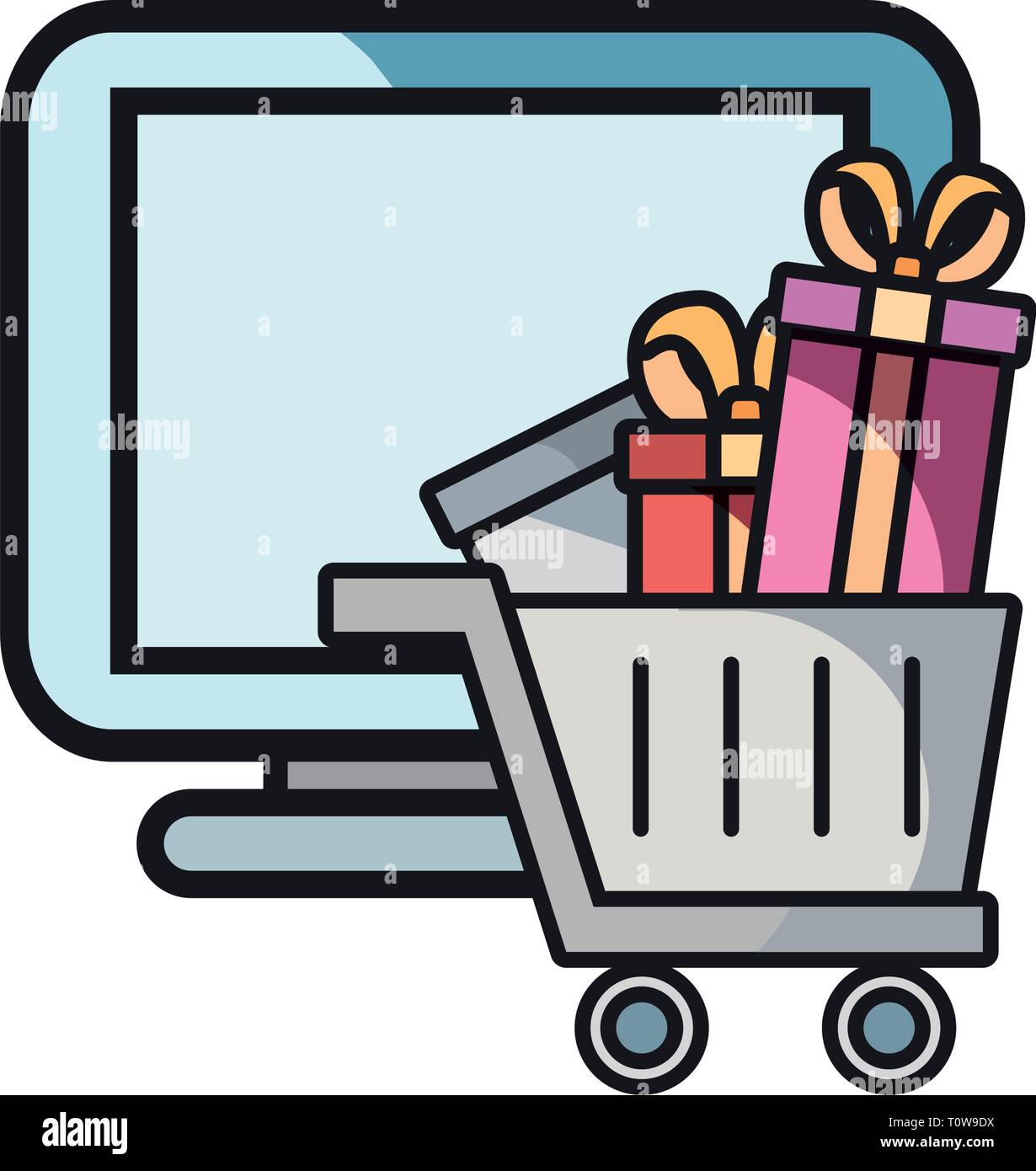 online shopping cart computer gifts on white background vector ...
