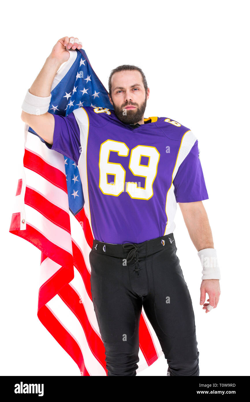 Bearded American football player with national flag, portrait Stock ...