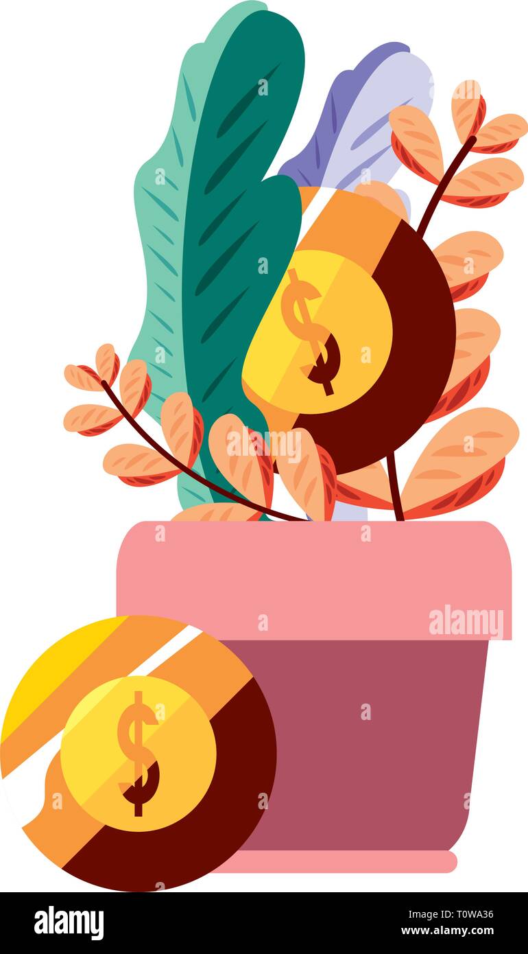 potted plant coins leaves fortune vector illustration Stock Vector ...