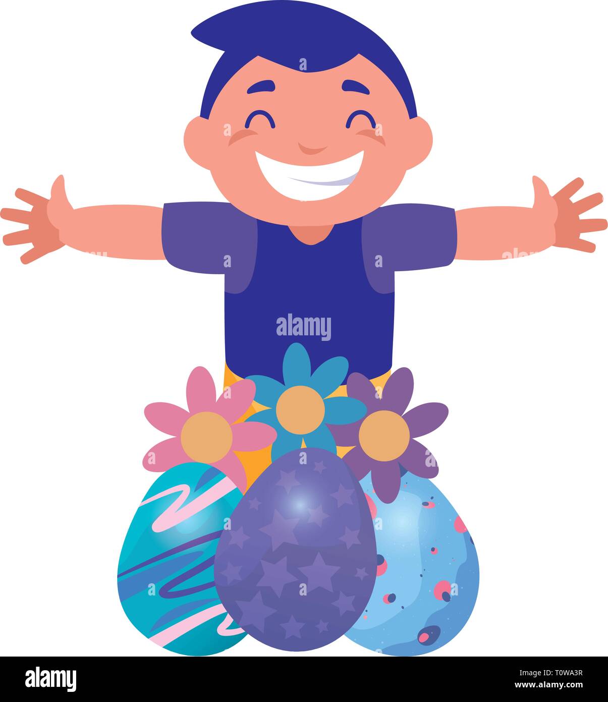 happy young boy with easter eggs flowers decoration Stock Vector Image ...