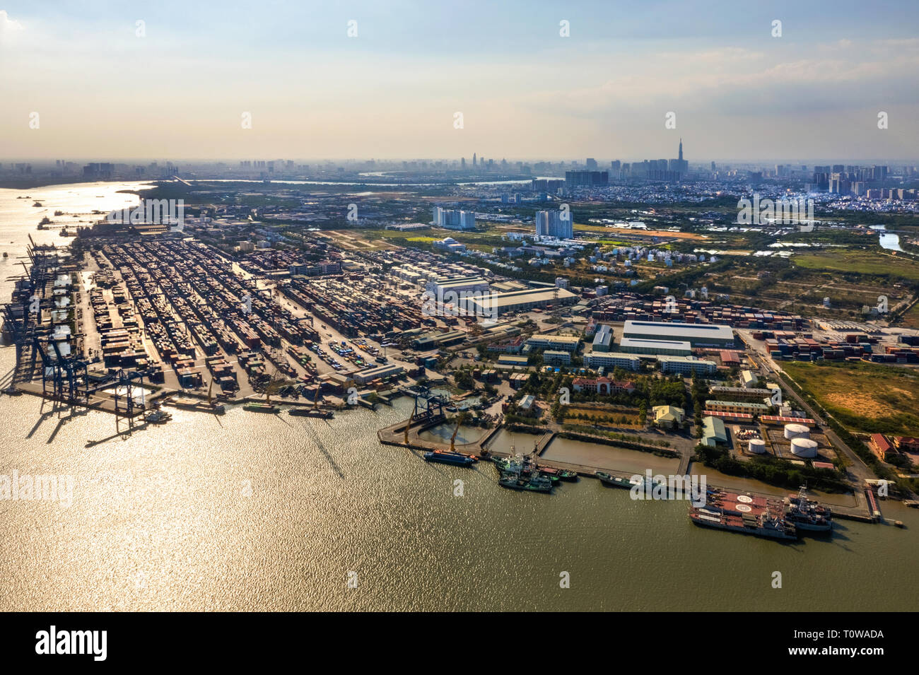 Top view aerial of Cat Lai port container, Ho Chi Minh City with ...