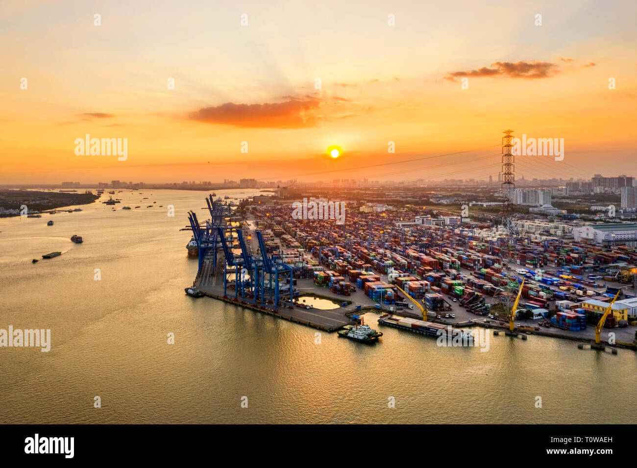 Top view aerial of Cat Lai port container, Ho Chi Minh City with ...