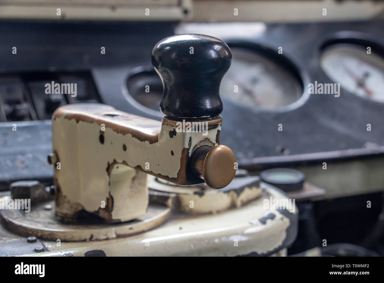 Mechanical controls with handle of the old locomotive, close up. Grip ...