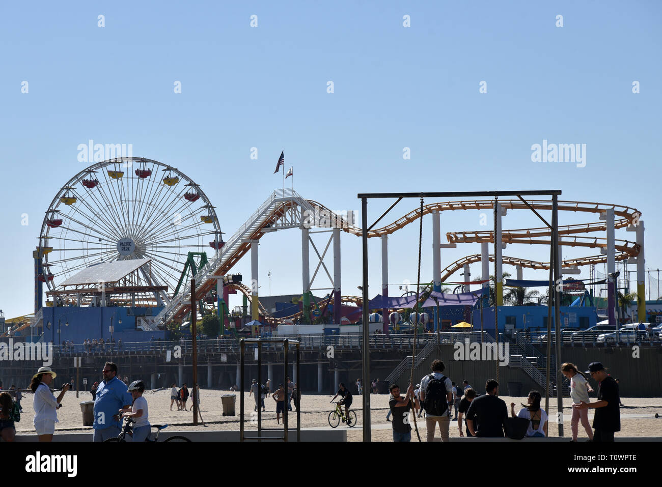 The ferris wheel and rollercoaster rides on the Santa Monica Pier Stock ...