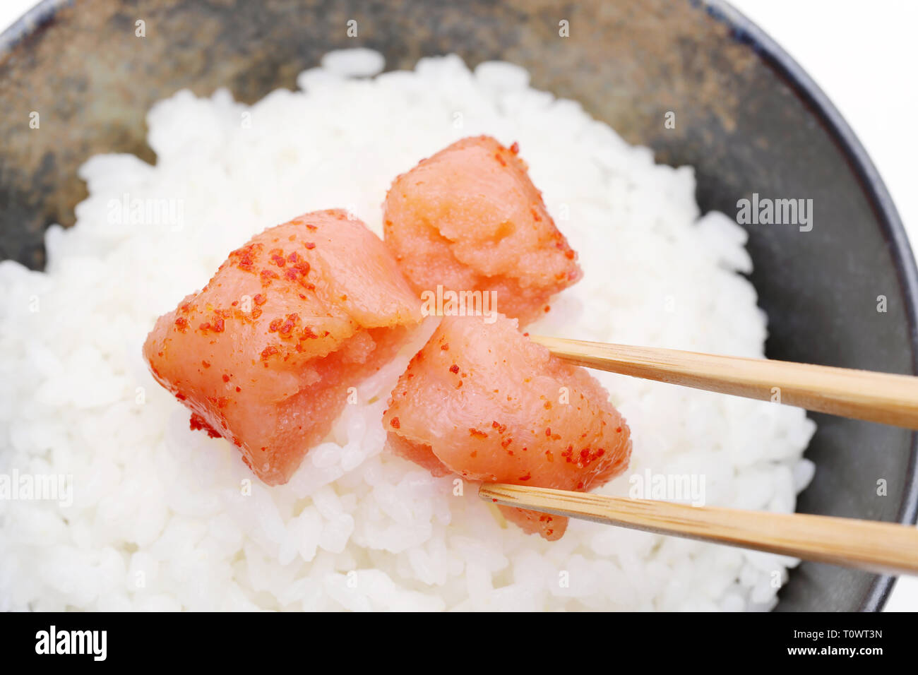 Japanese cooked white rice with mentaiko on white background Stock ...