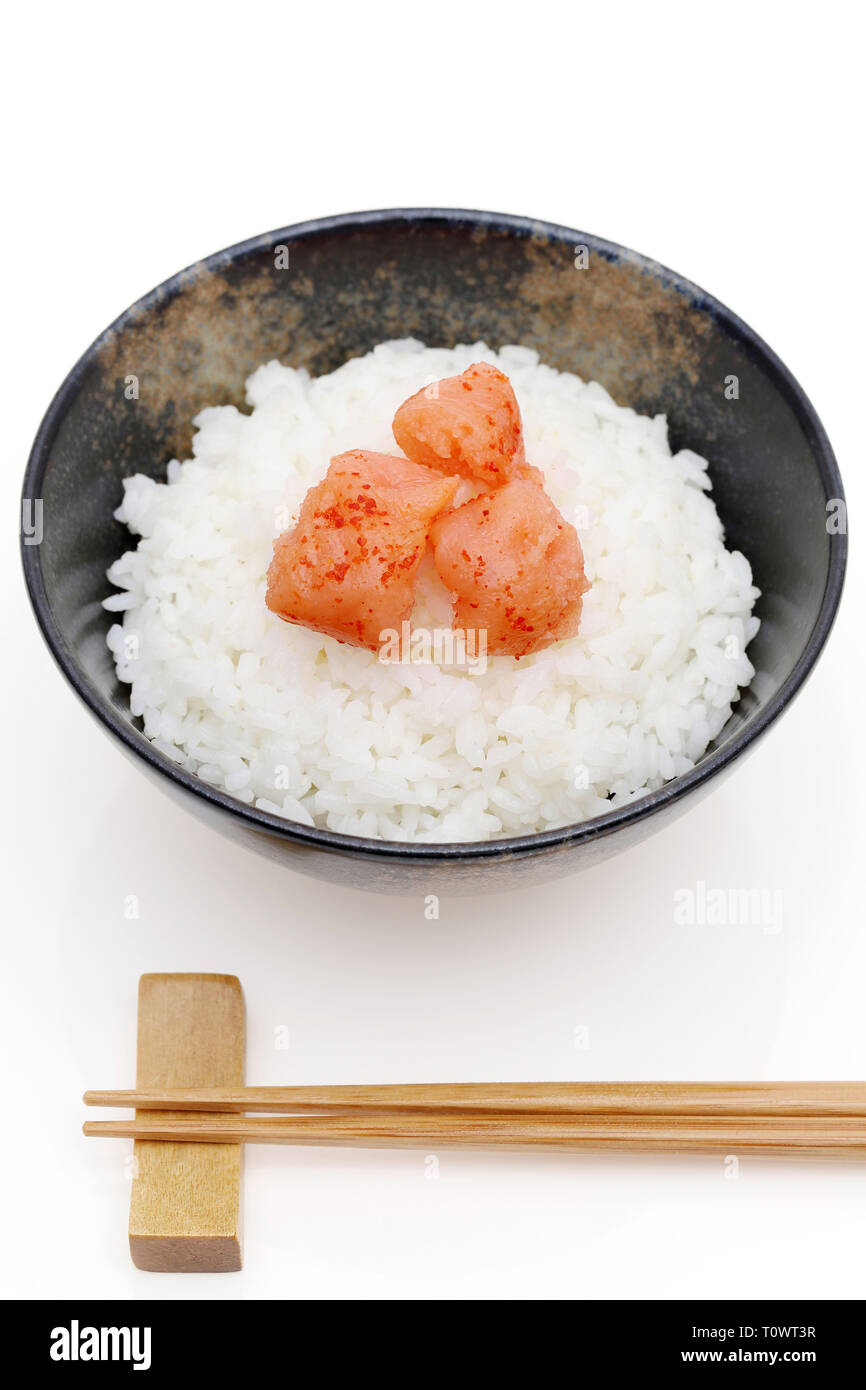 Japanese cooked white rice with mentaiko on white background Stock ...