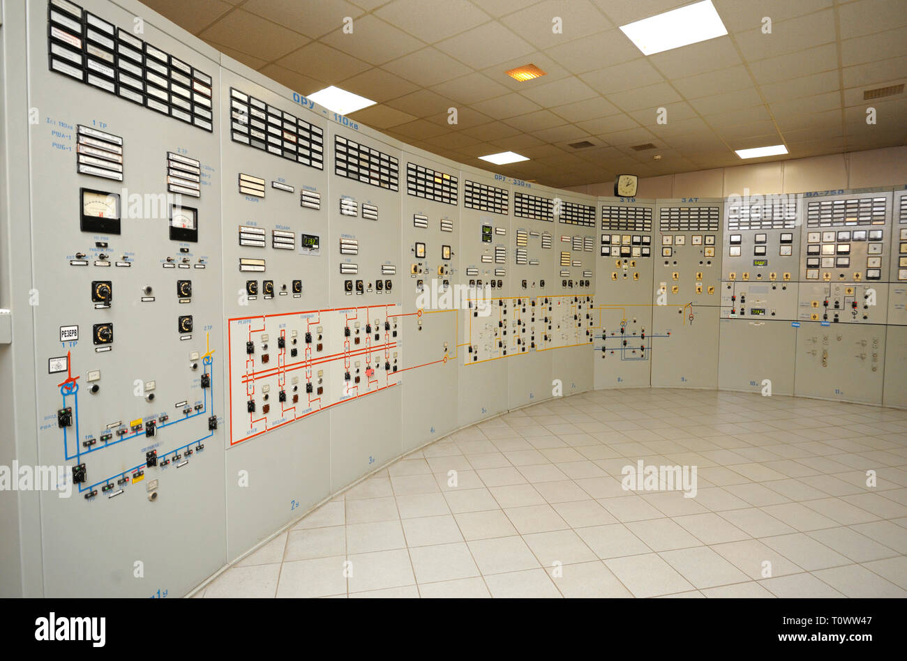 Main control board in a control operations room of the reactor of the ...